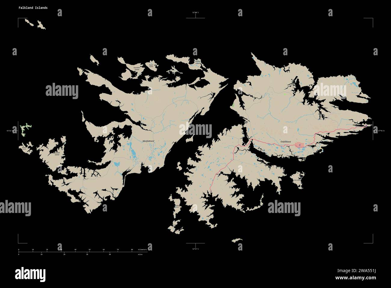 Shape of a topographic, OSM Germany style map of the Falkland Islands, with distance scale and ...