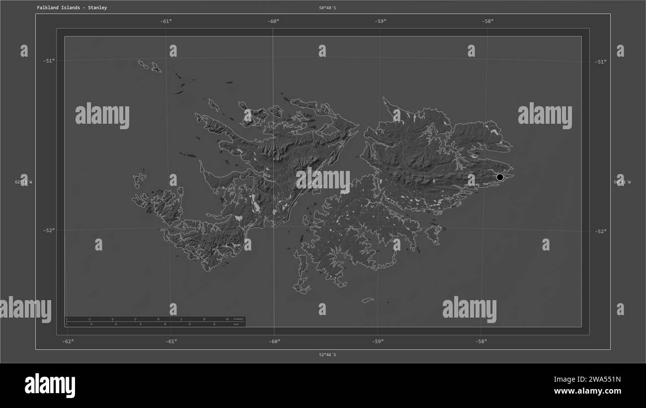 Falkland Islands highlighted on a Bilevel elevation map with lakes and rivers map with the ...