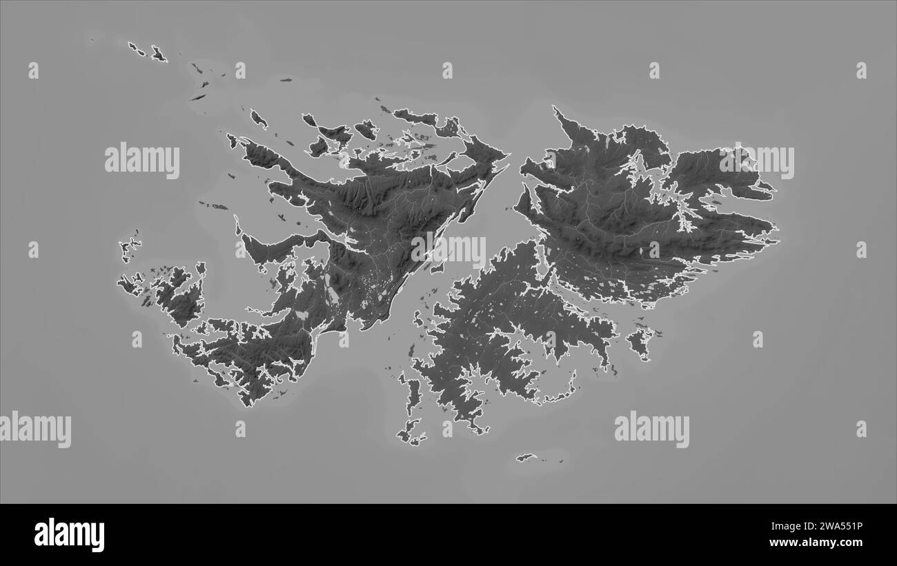 Falkland Islands outlined on a Grayscale elevation map with lakes and rivers Stock Photo - Alamy