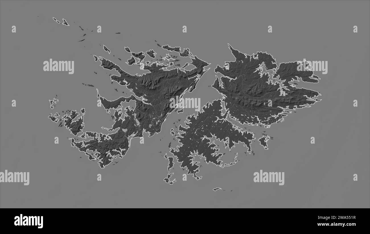 Falkland Islands outlined on a Bilevel elevation map with lakes and ...