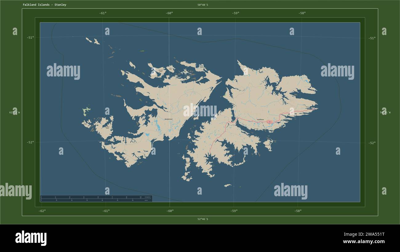 Falkland Islands highlighted on a topographic, OSM Germany style map map with the country's ...