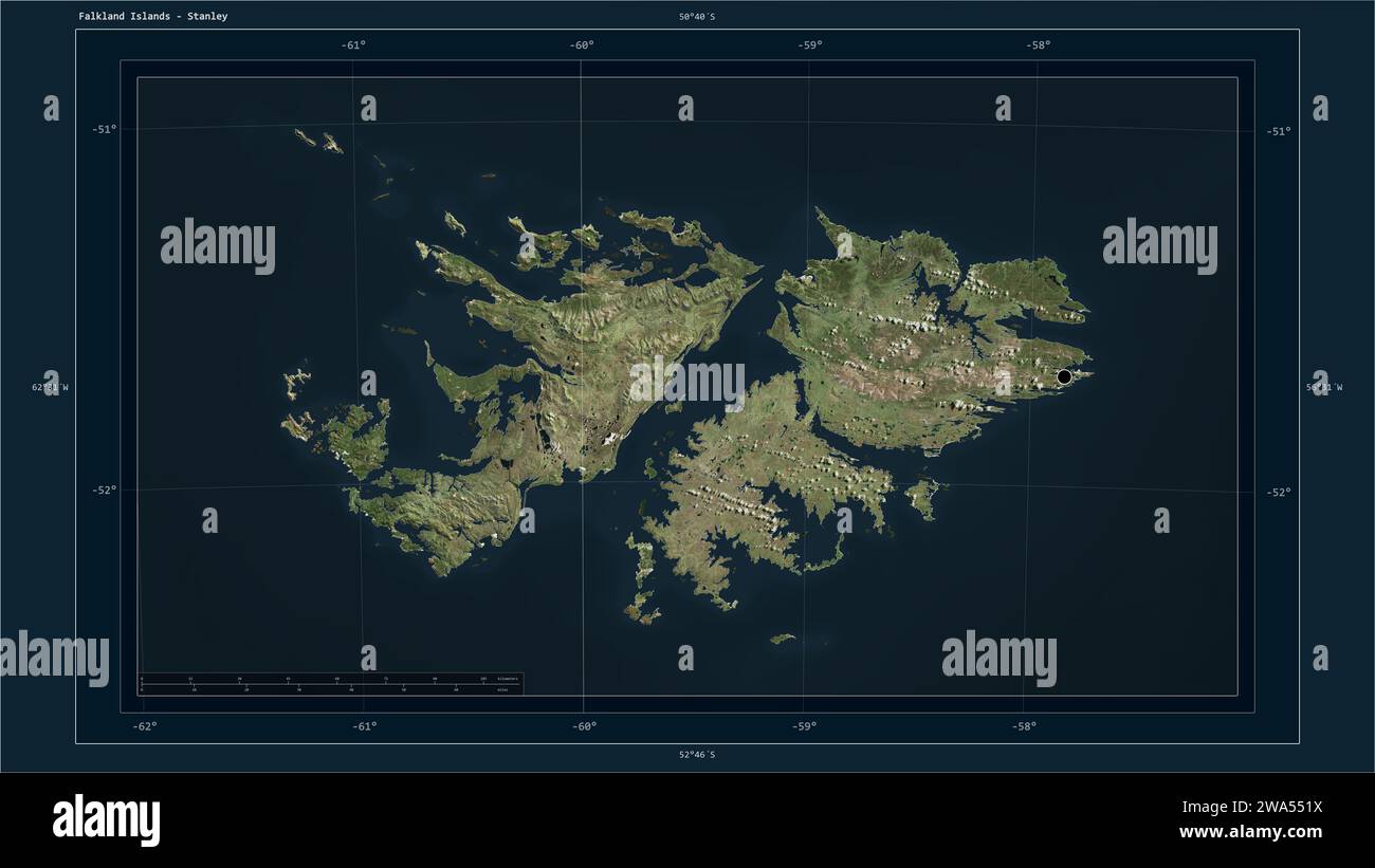 Falkland Islands highlighted on a high resolution satellite map map with the country's capital ...