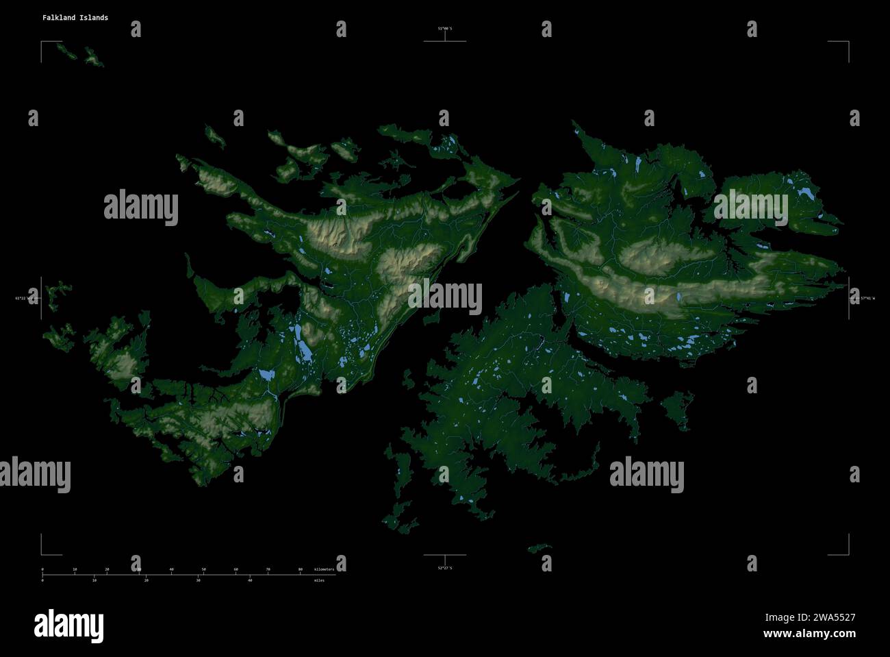 Shape of a Colored elevation map with lakes and rivers of the Falkland Islands, with distance ...