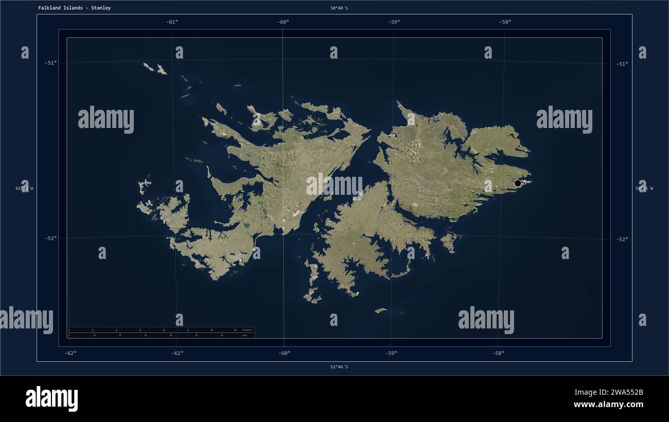 Falkland Islands highlighted on a low resolution satellite map map with the country's capital ...