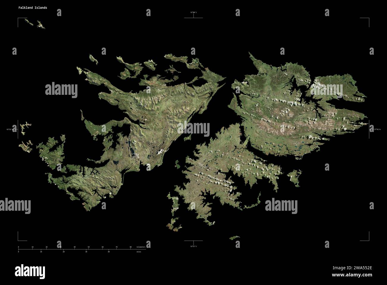 Shape of a high resolution satellite map of the Falkland Islands, with distance scale and map ...