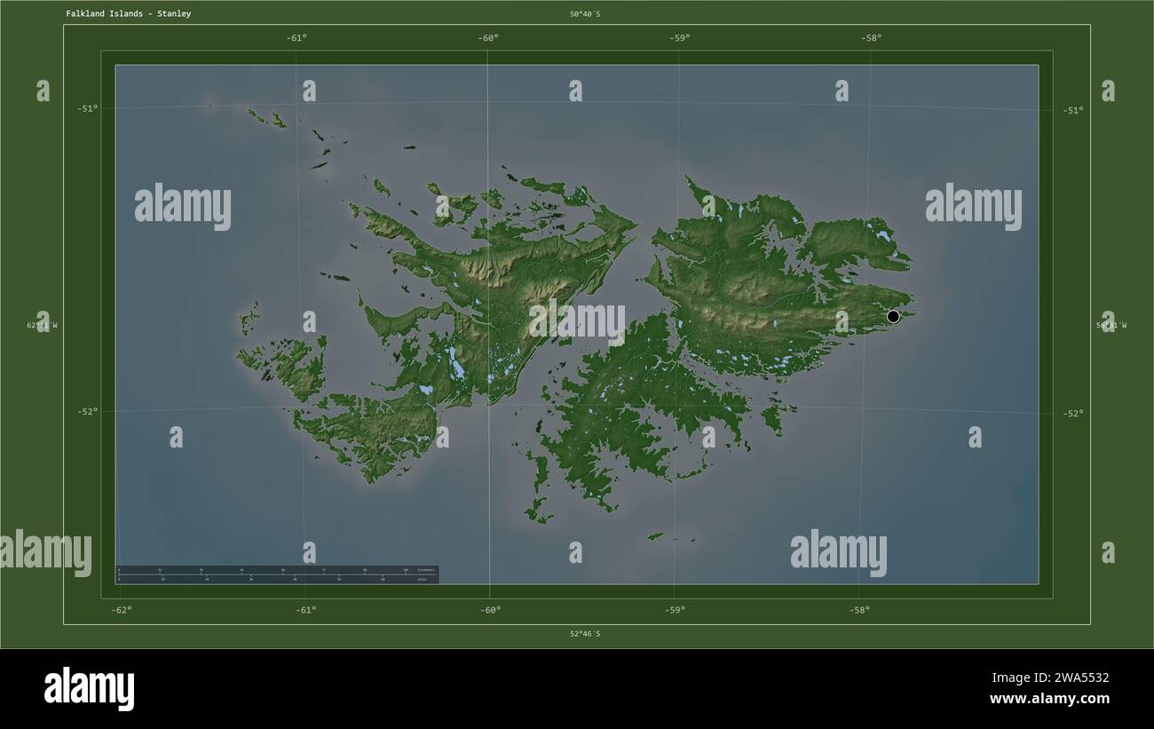 Falkland Islands highlighted on a Pale colored elevation map with lakes and rivers map with the ...
