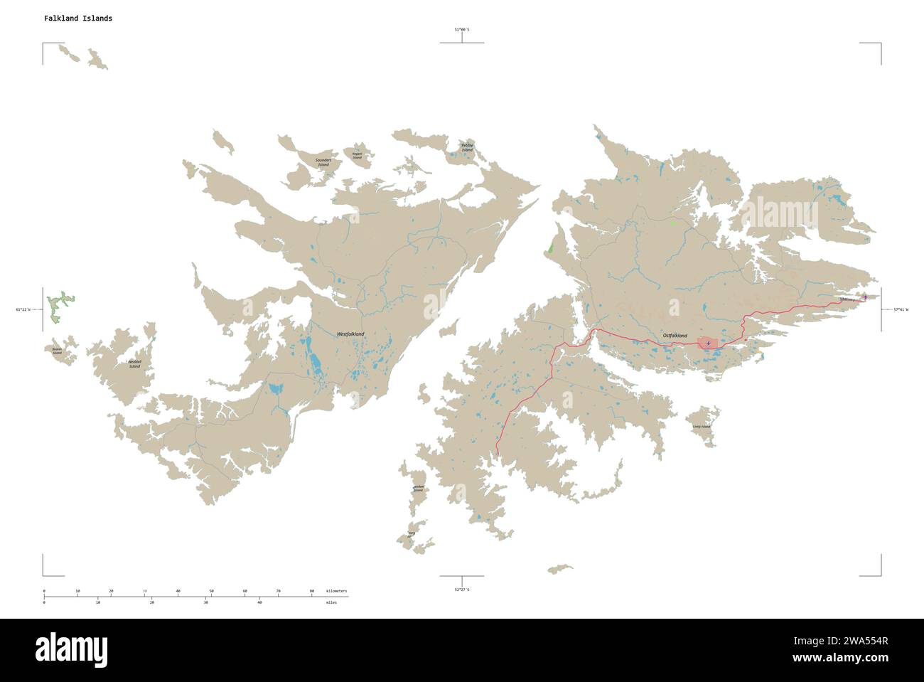 Shape of a topographic, OSM Germany style map of the Falkland Islands, with distance scale and ...