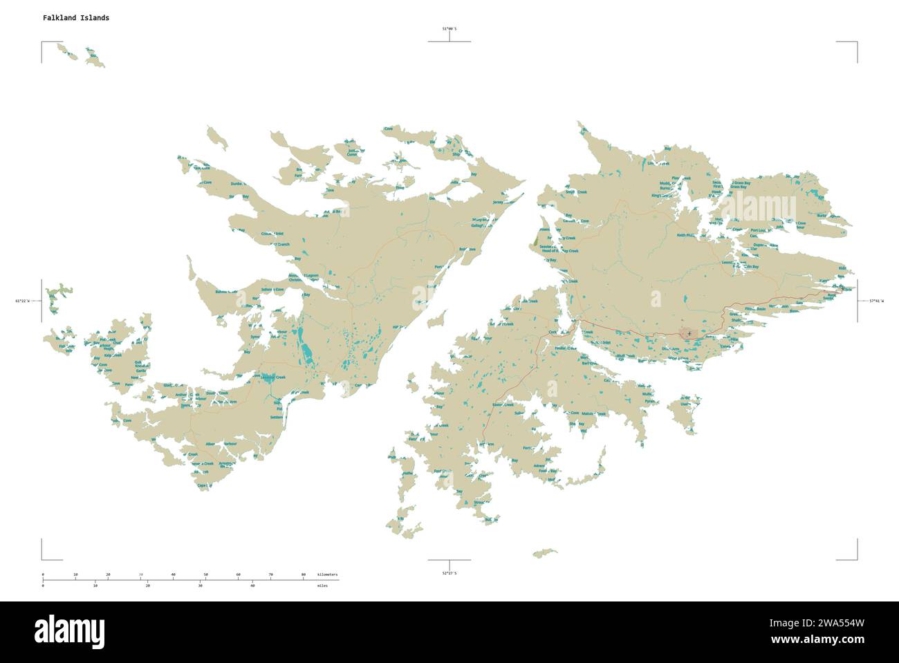 Shape of a topographic, OSM Humanitarian style map of the Falkland Islands, with distance scale ...