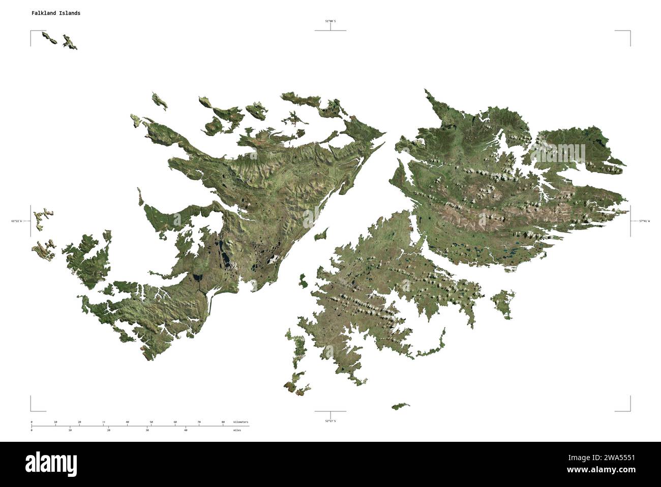 Shape of a high resolution satellite map of the Falkland Islands, with distance scale and map ...