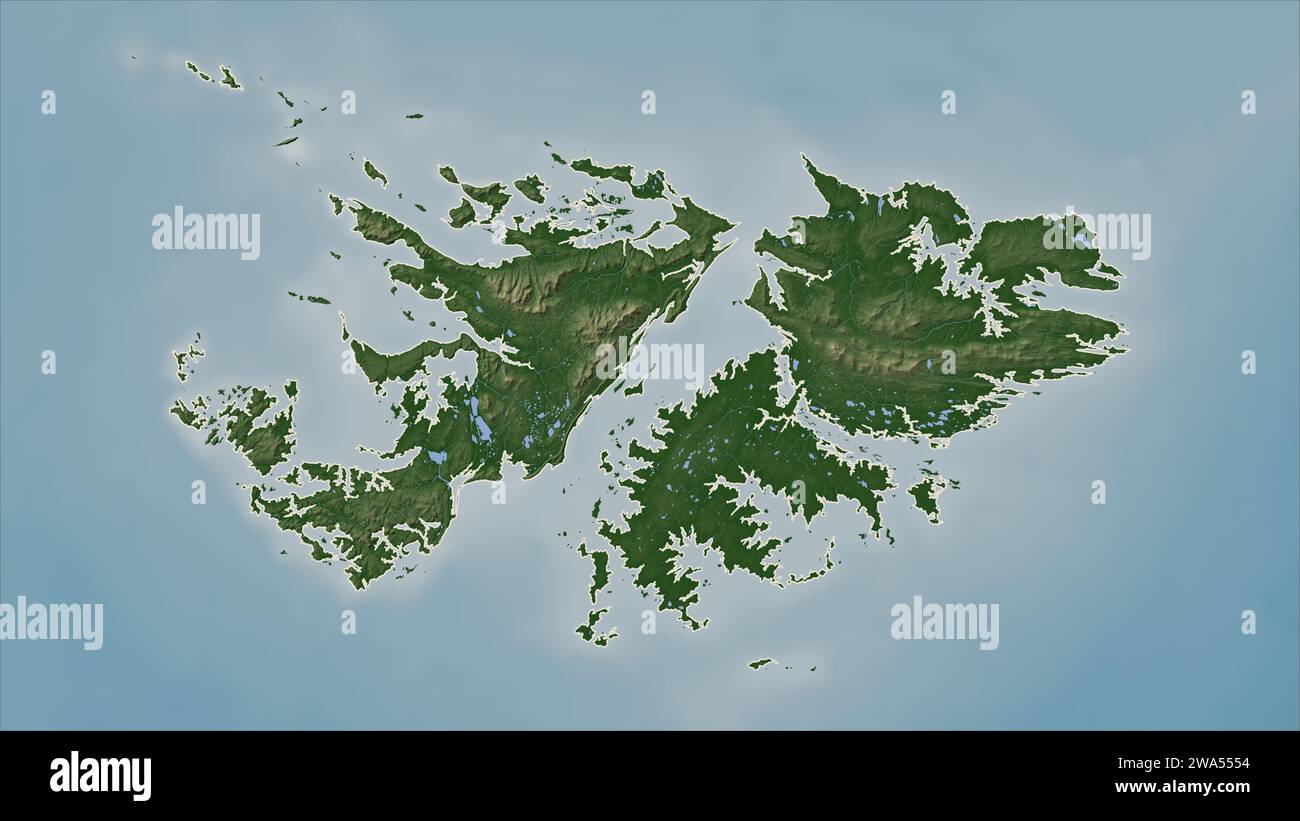 Falkland Islands outlined on a Pale colored elevation map with lakes ...