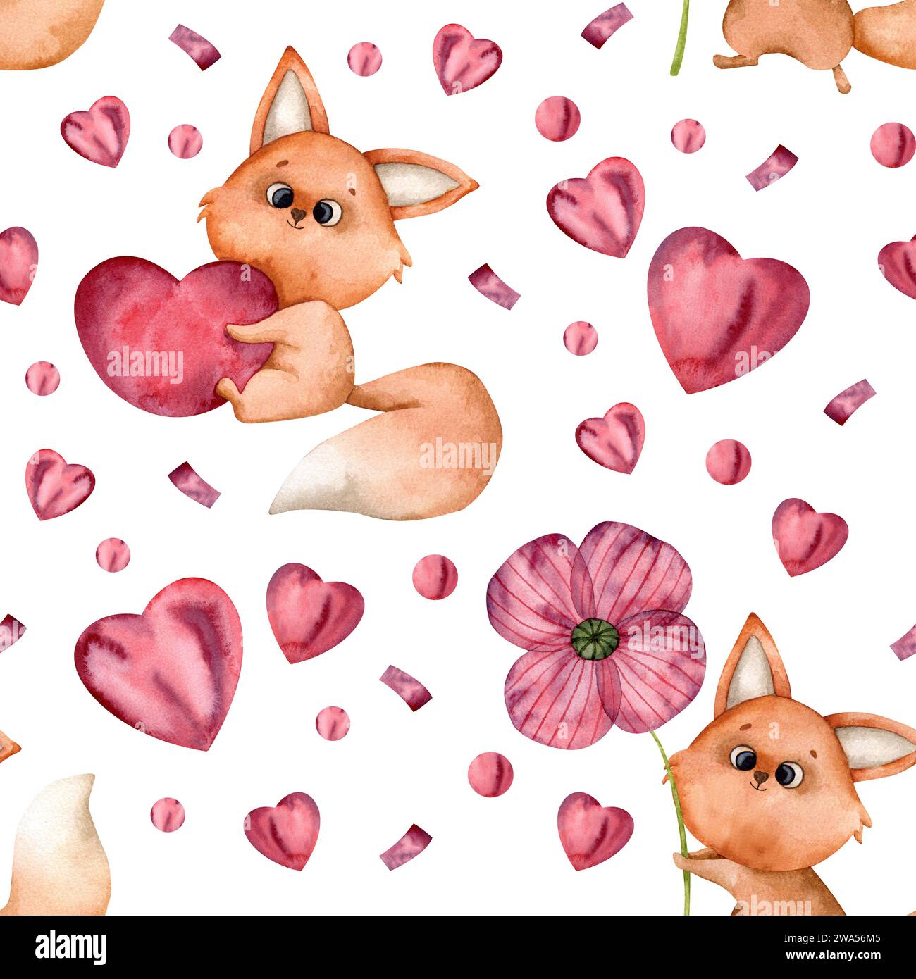 A hand-drawn watercolor pattern with a fox, confetti and heart ...