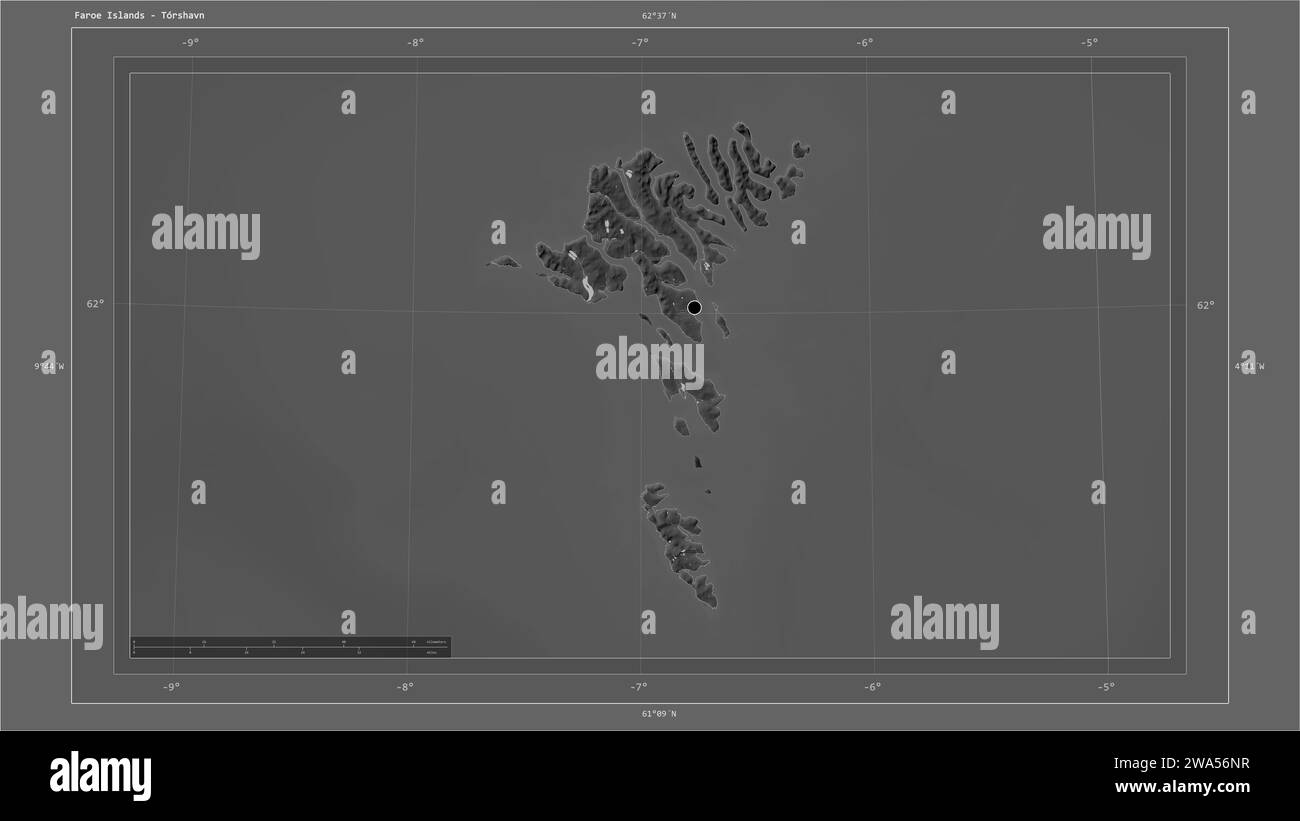 Faroe Islands highlighted on a Grayscale elevation map with lakes and ...