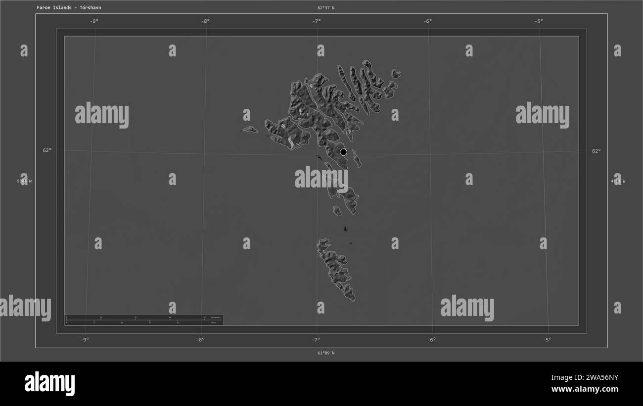 Faroe Islands highlighted on a Bilevel elevation map with lakes and ...