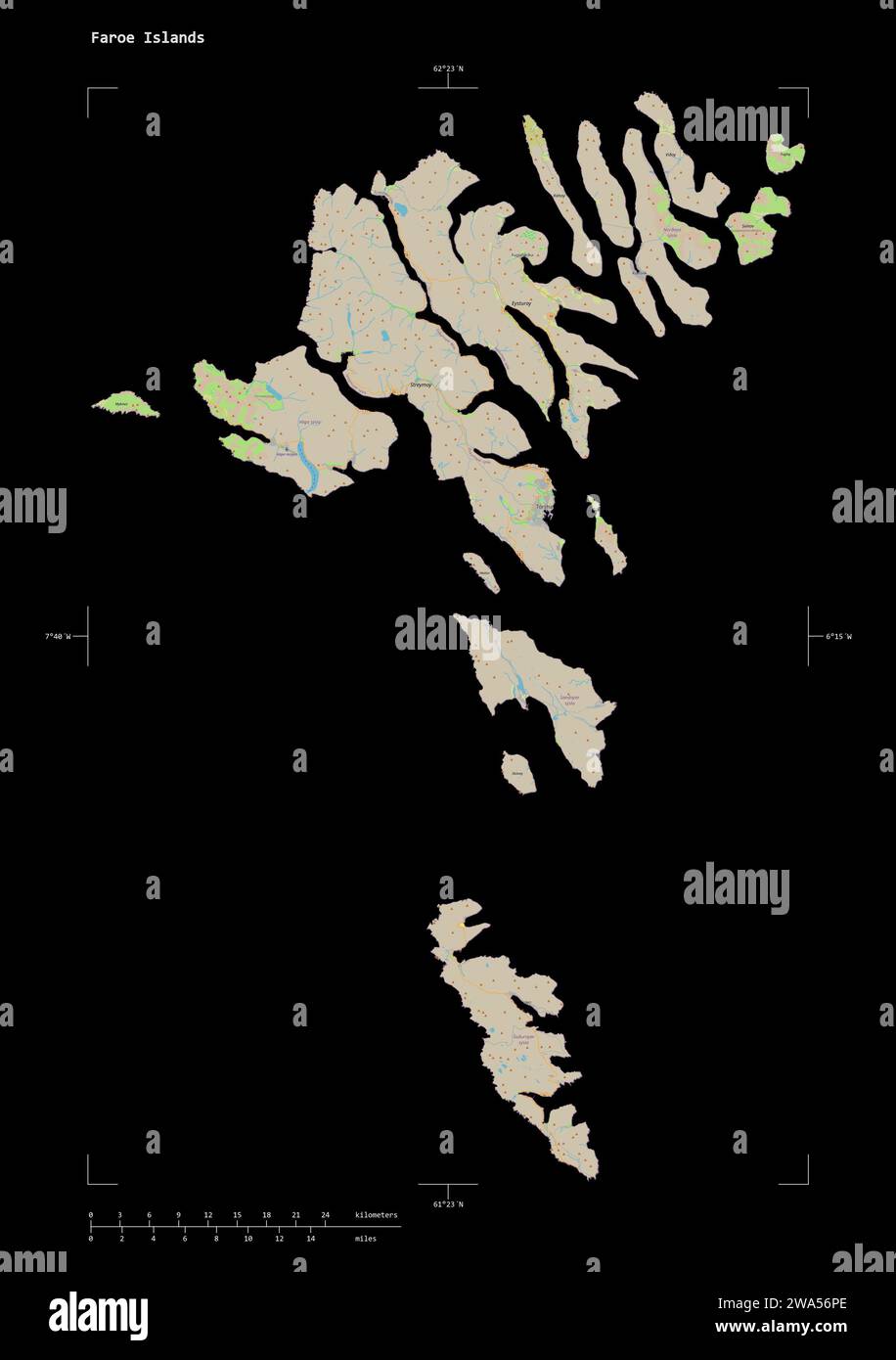 Shape of a topographic, OSM standard style map of the Faroe Islands, with distance scale and map ...