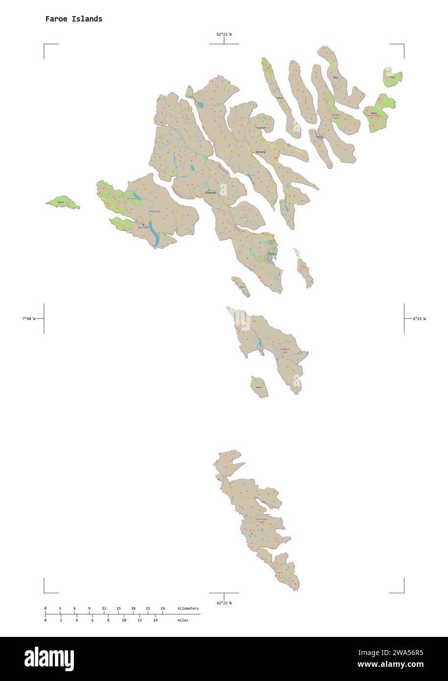 Shape of a topographic, OSM standard style map of the Faroe Islands, with distance scale and map ...