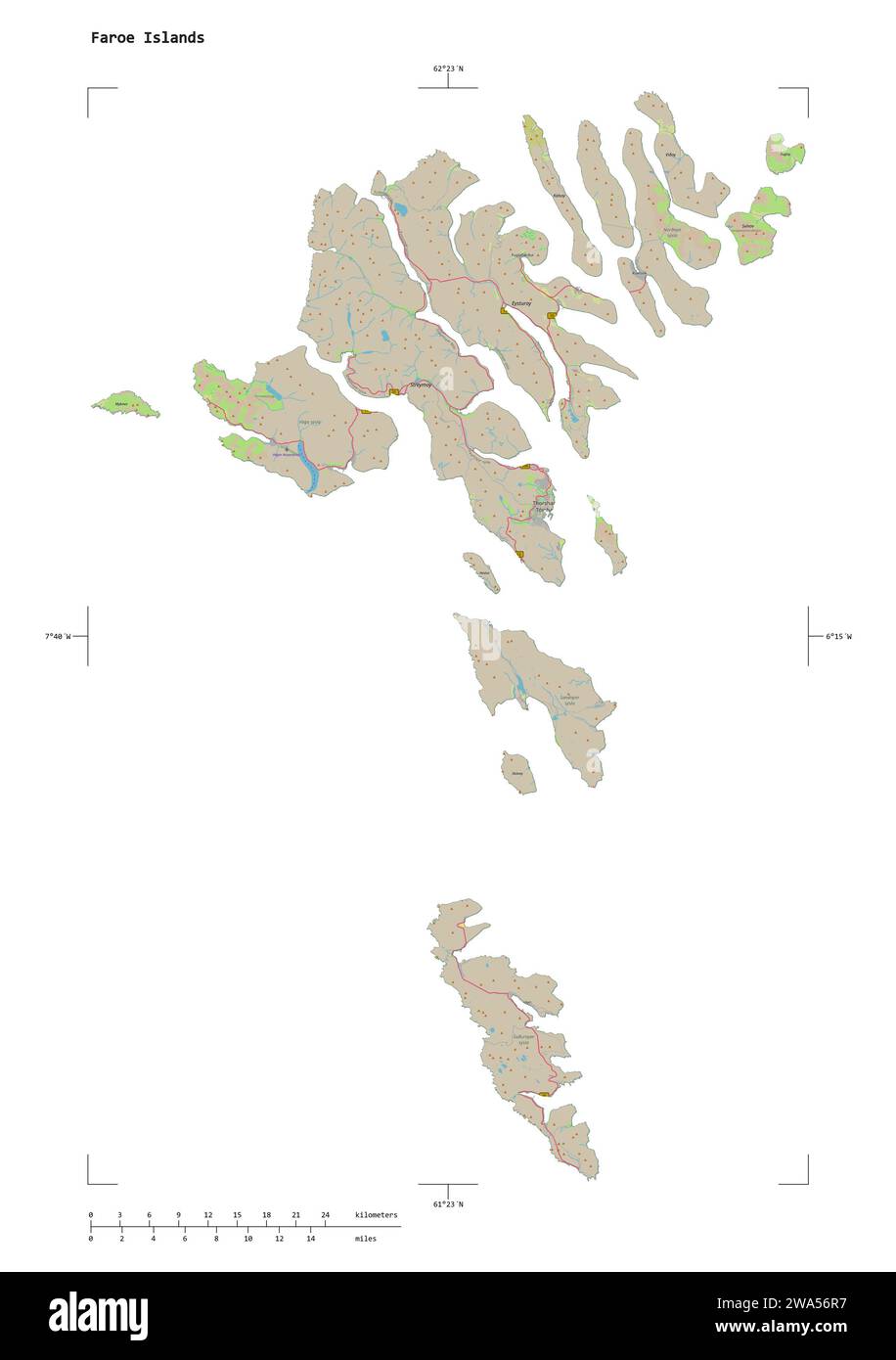 Shape of a topographic, OSM Germany style map of the Faroe Islands, with distance scale and map ...