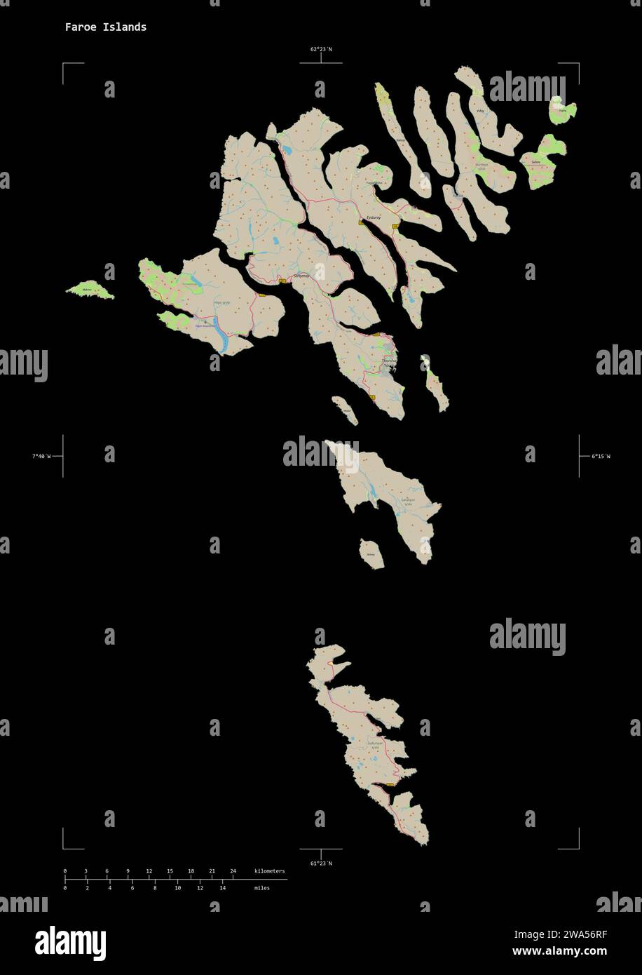 Shape of a topographic, OSM Germany style map of the Faroe Islands, with distance scale and map ...
