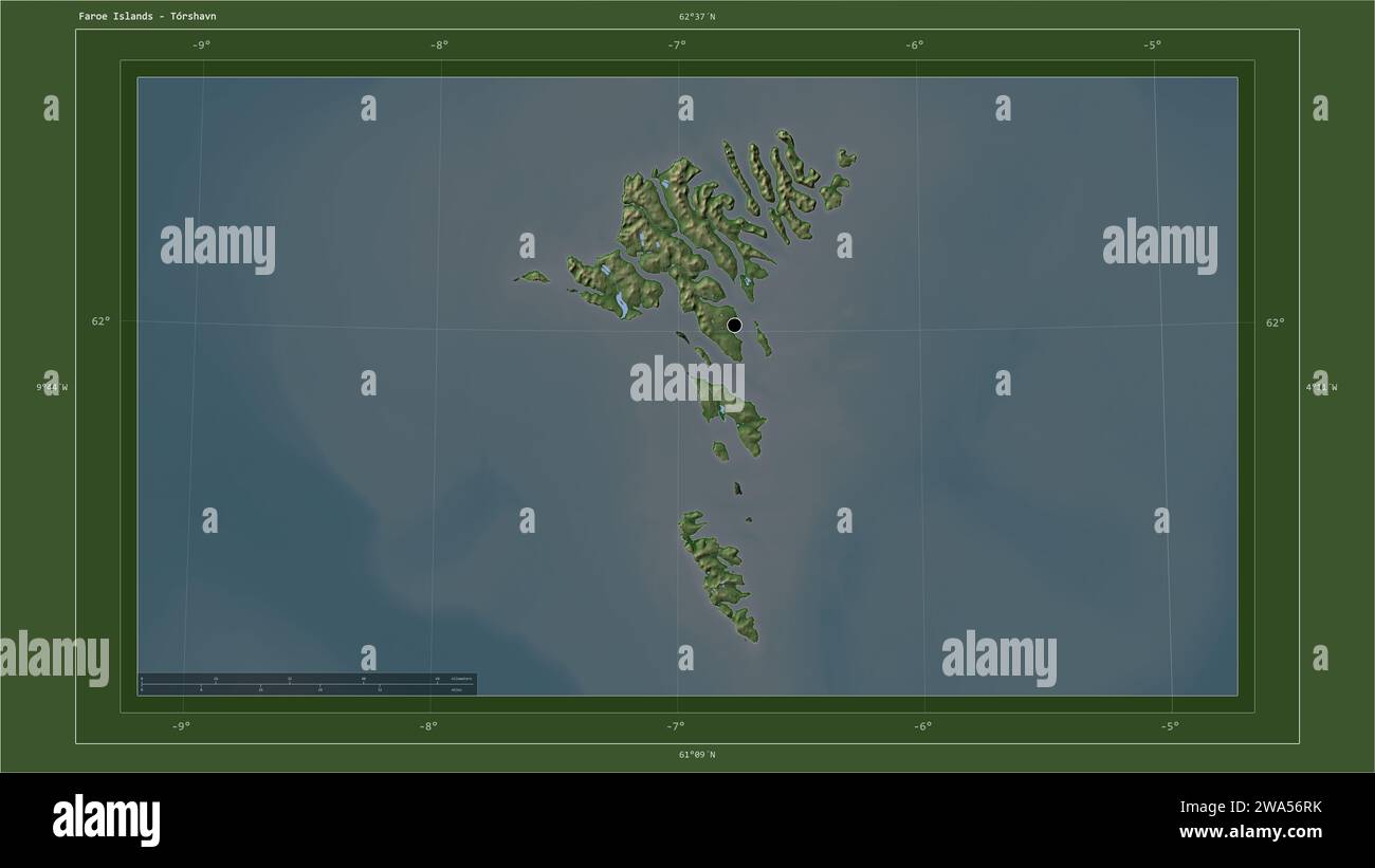 Faroe Islands highlighted on a Pale colored elevation map with lakes and rivers map with the ...