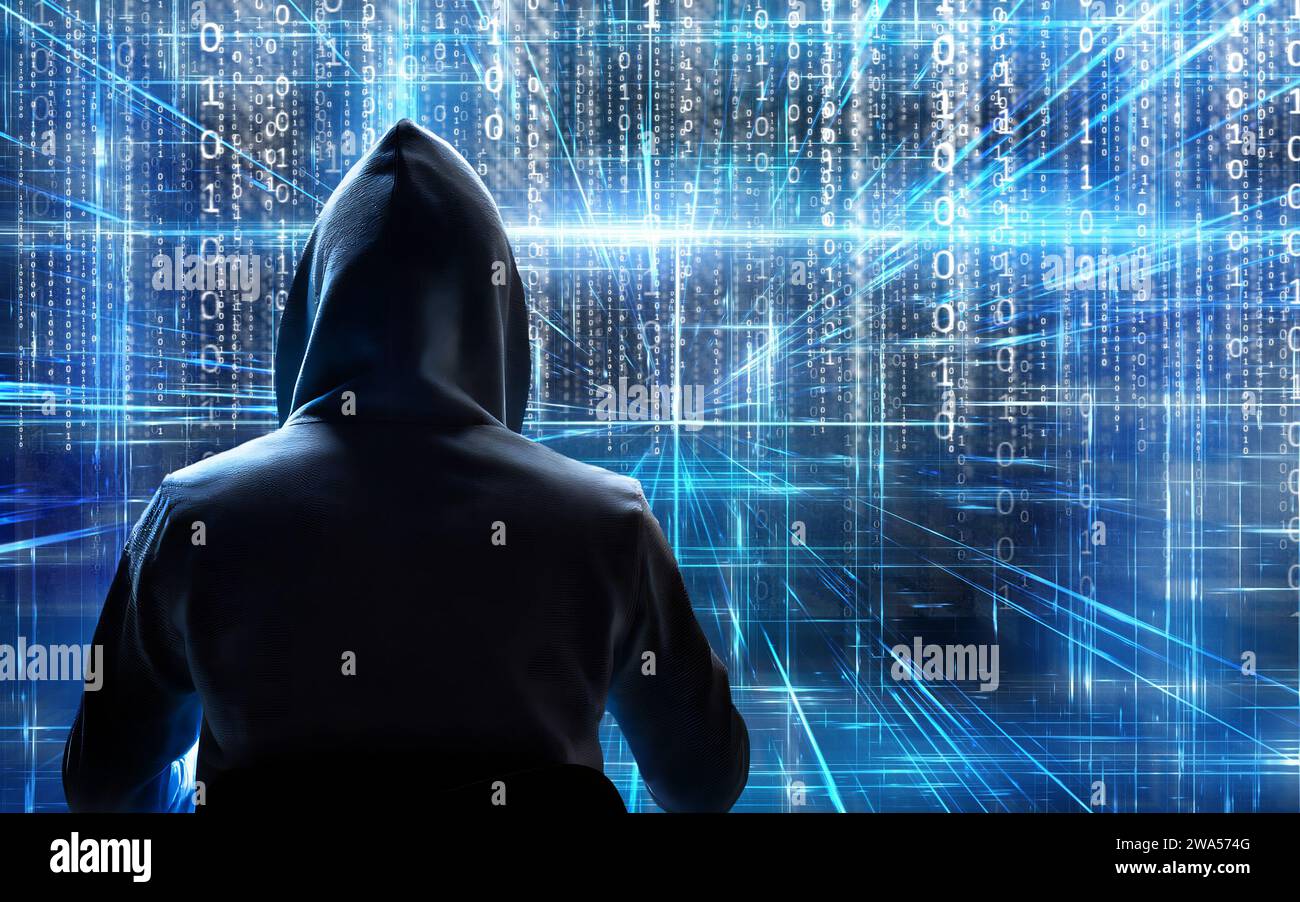 hacker in hood and binary data background, cybercrime, ransomware, data ...