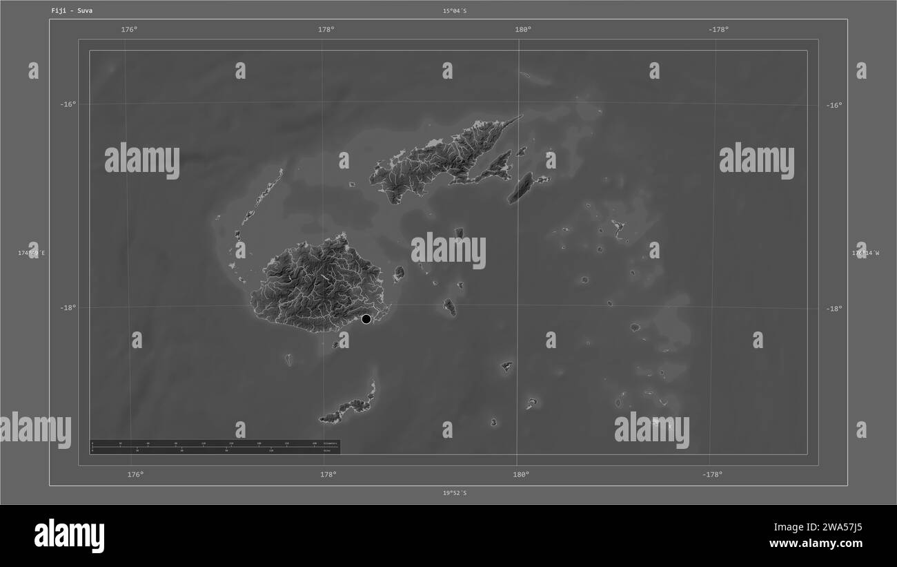 Fiji highlighted on a Grayscale elevation map with lakes and rivers map ...