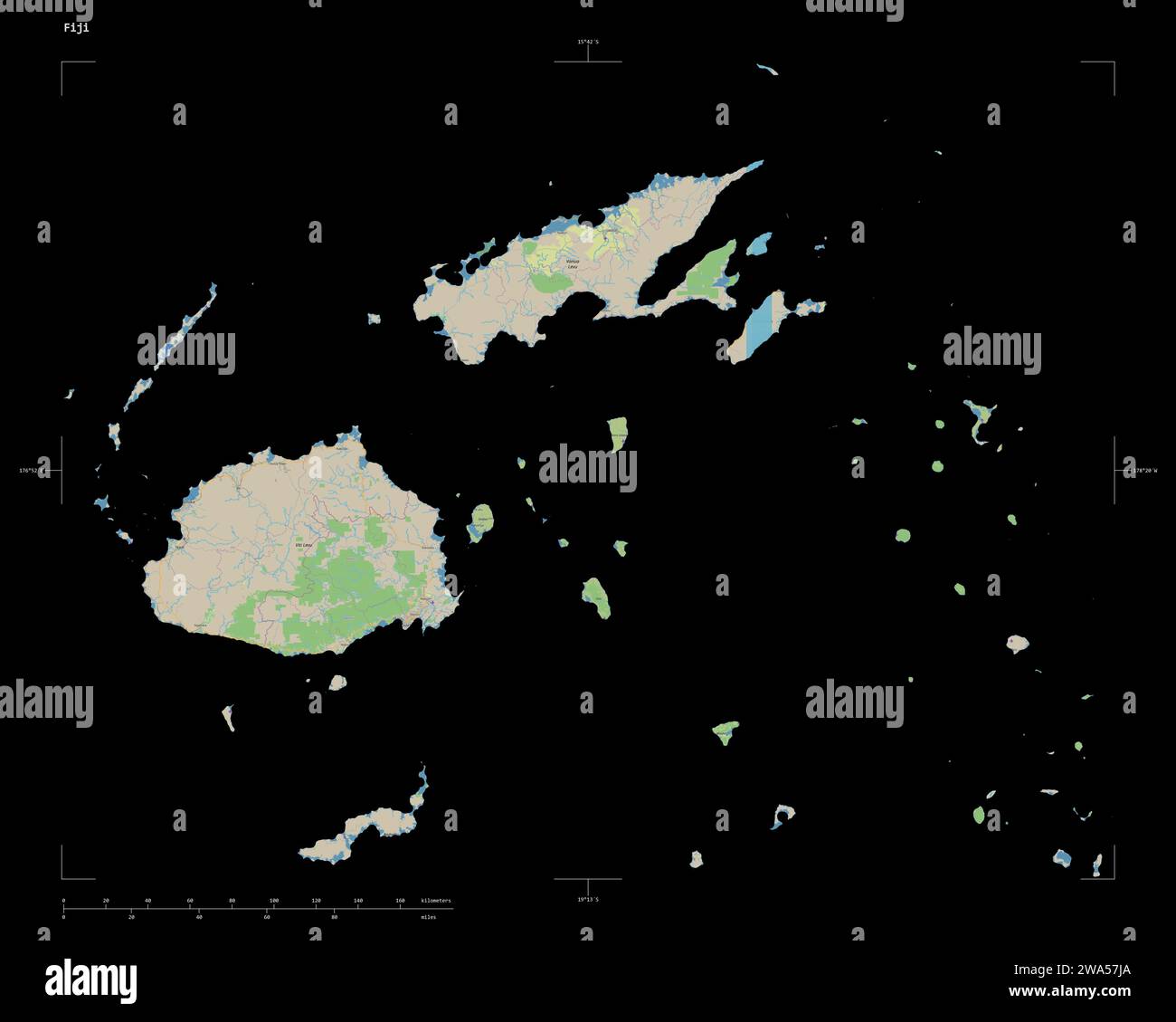 Shape of a topographic, OSM standard style map of the Fiji, with ...