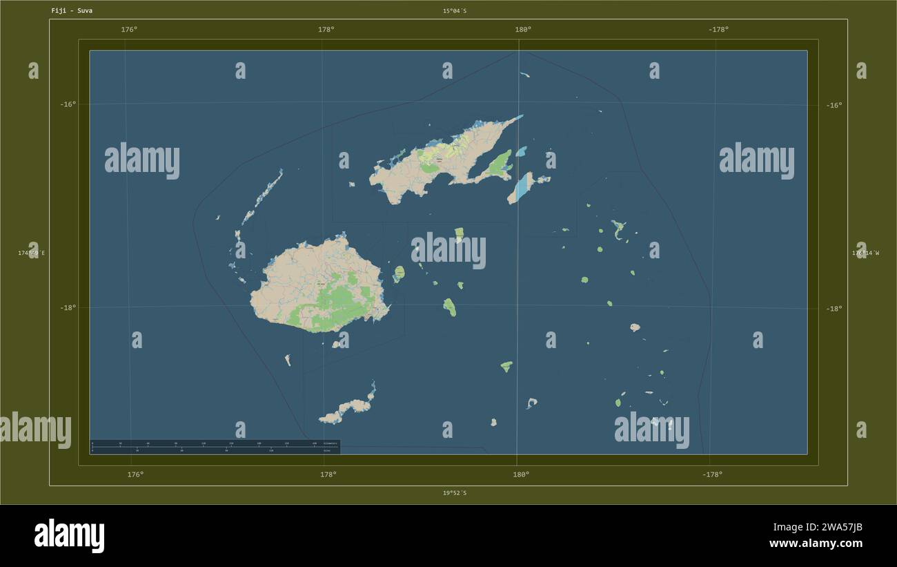 Fiji highlighted on a topographic, OSM standard style map map with the ...