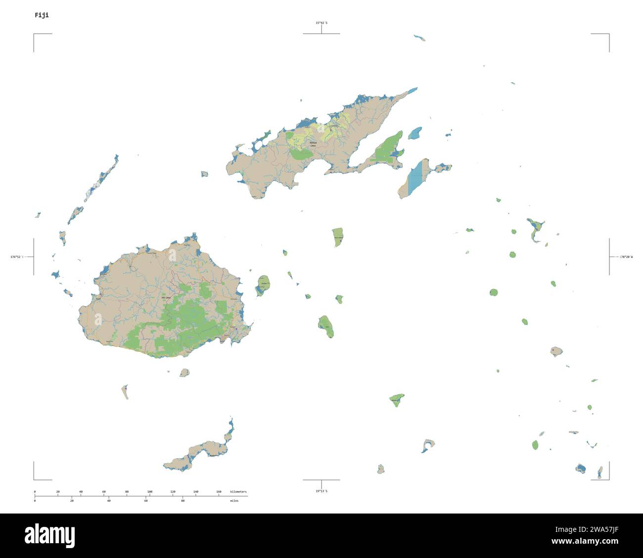 Shape of a topographic, OSM standard style map of the Fiji, with ...