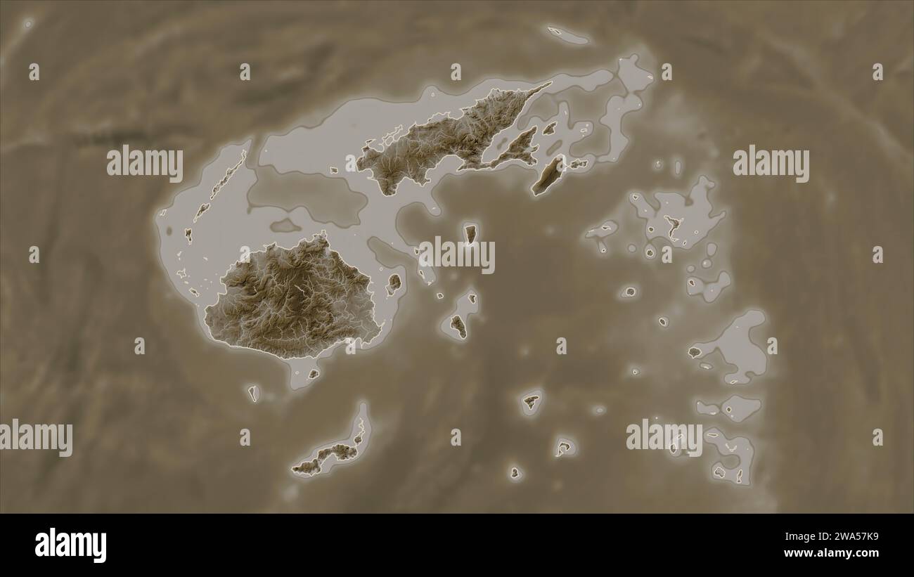 Fiji outlined on a elevation map colored in sepia tones with lakes and ...