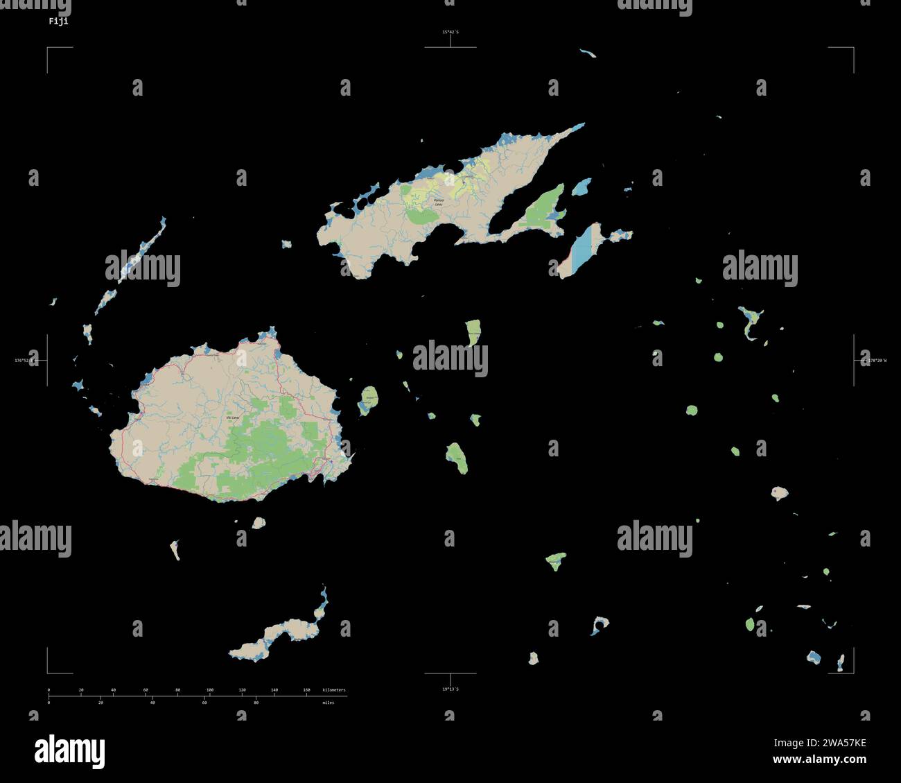 Shape of a topographic, OSM Germany style map of the Fiji, with ...
