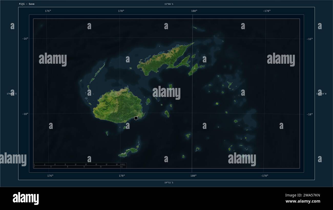 Fiji highlighted on a high resolution satellite map map with the country's capital point ...