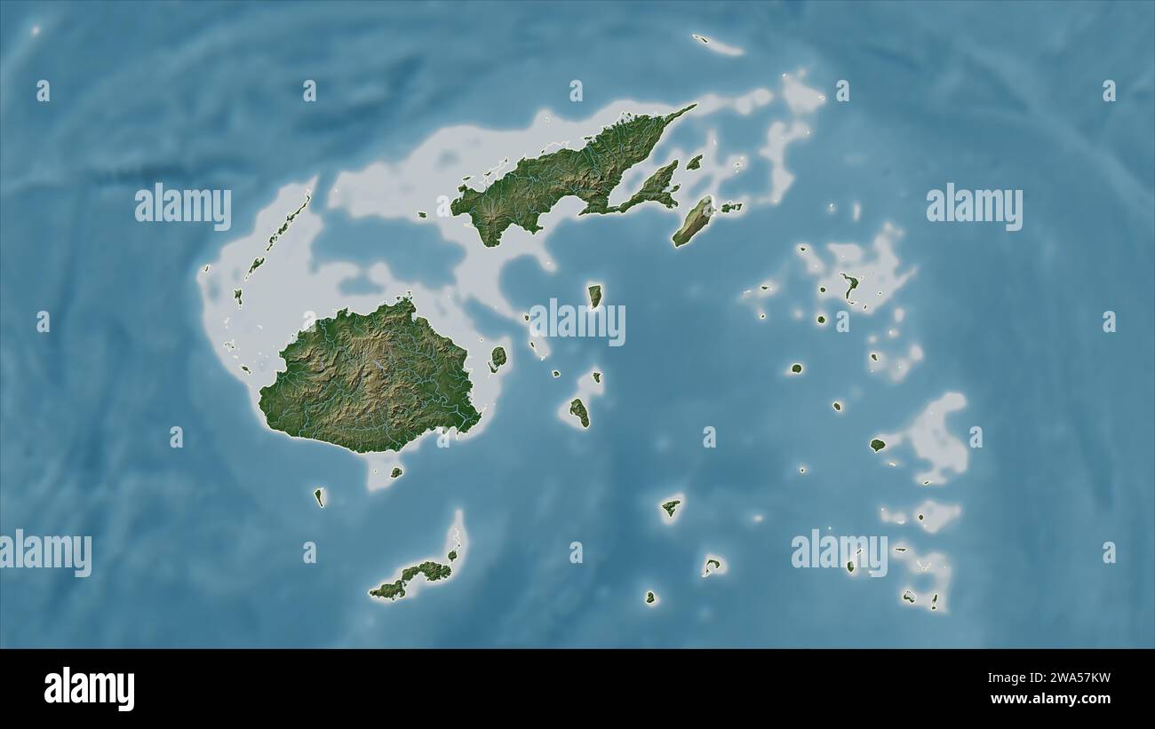 Fiji outlined on a Pale colored elevation map with lakes and rivers ...