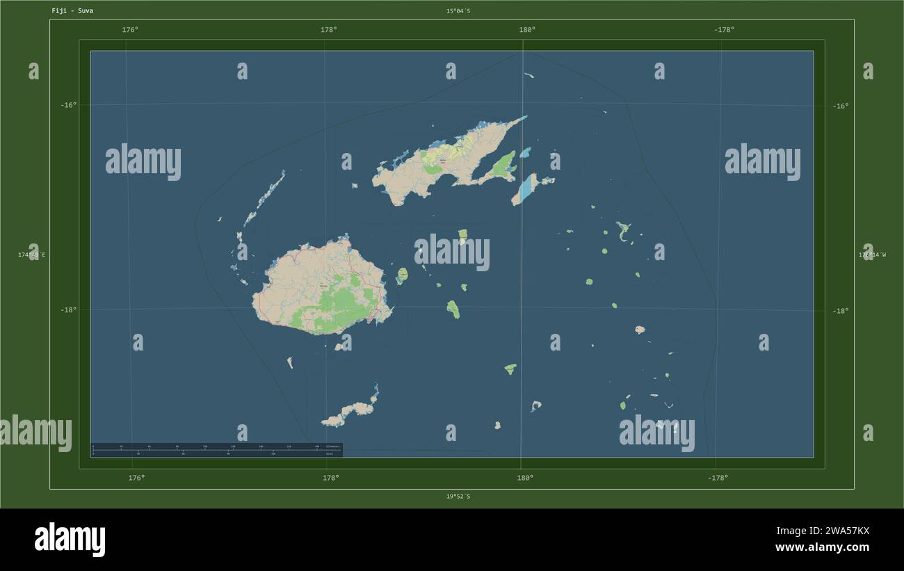 Fiji highlighted on a topographic, OSM Germany style map map with the ...