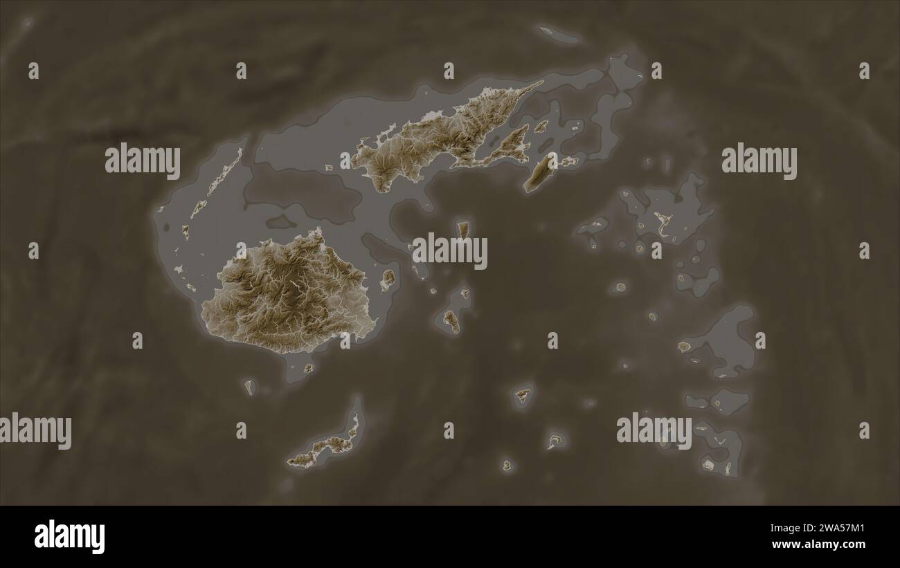 Fiji highlighted on a elevation map colored in sepia tones with lakes ...