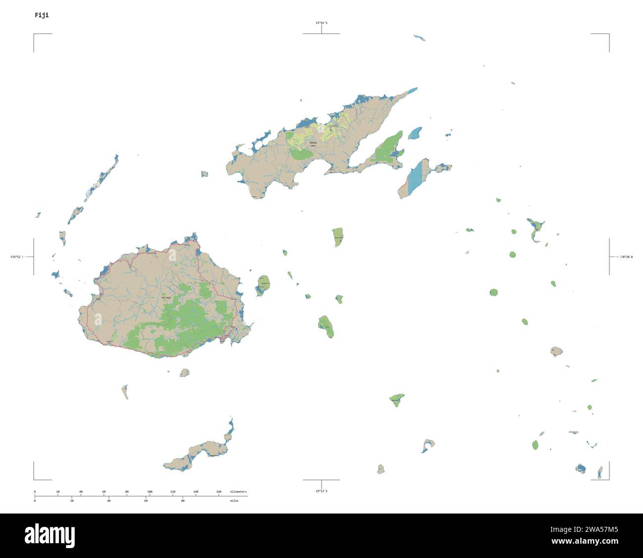 Shape of a topographic, OSM Germany style map of the Fiji, with distance scale and map border ...