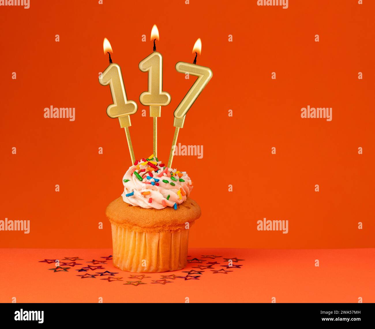 Number 117 candle - Birthday card design in orange background Stock ...