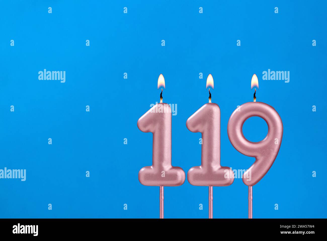 Birthday card with number 119 - Burning anniversary candle on blue ...