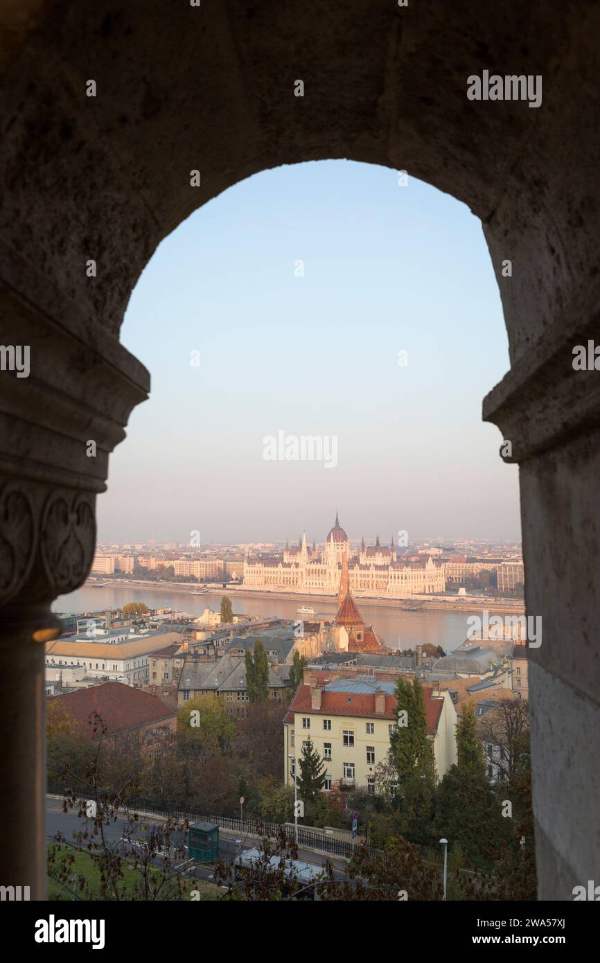 Hungary, Budapest, views of Budapest through the arches of the Fisherman's Bastion Stock Photo ...