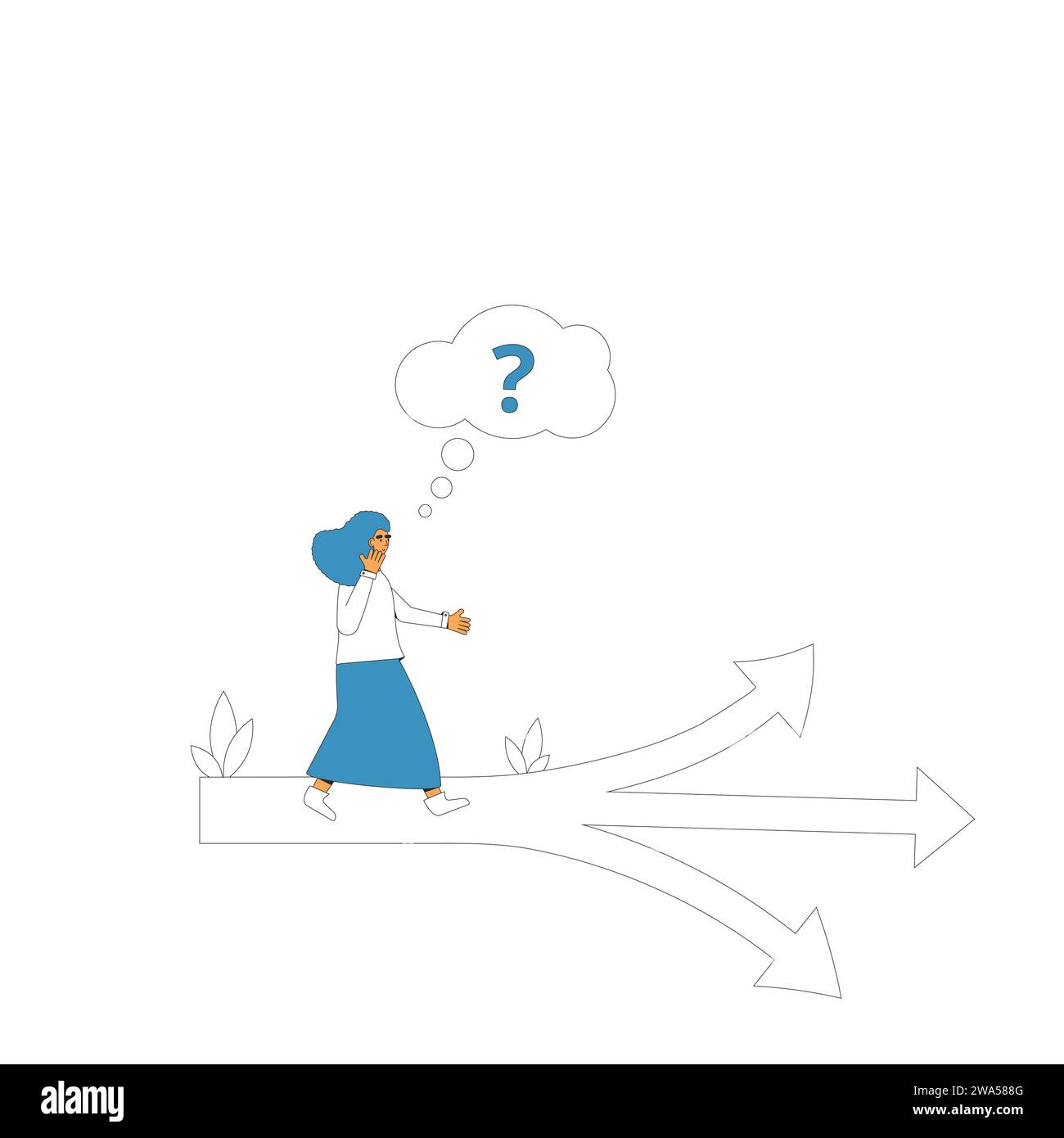 Young woman standing at crossroads. Career plan. Confused person ...