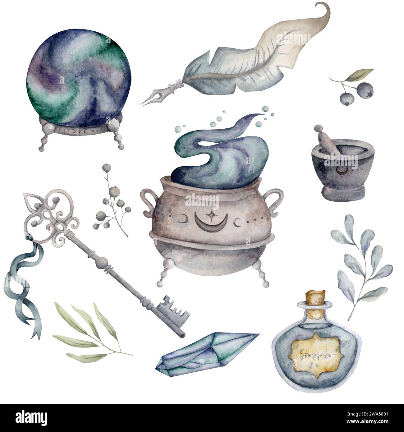 Collection of magical elements - cauldron with a potion, magic ball ...