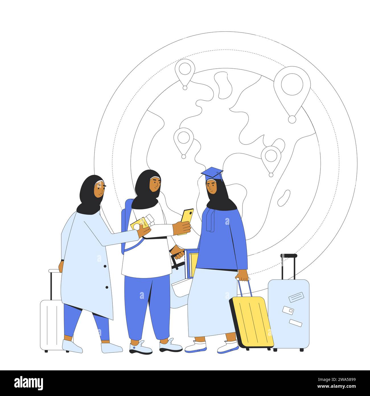 Graduate immigration program. Young students with travel bags. Vector ...