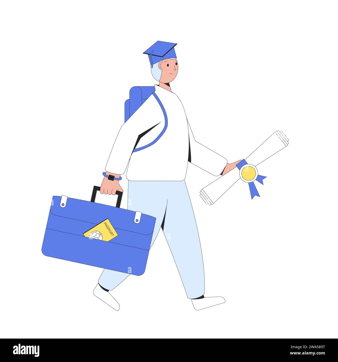 Vector illustration of young man traveling with his diploma and ...