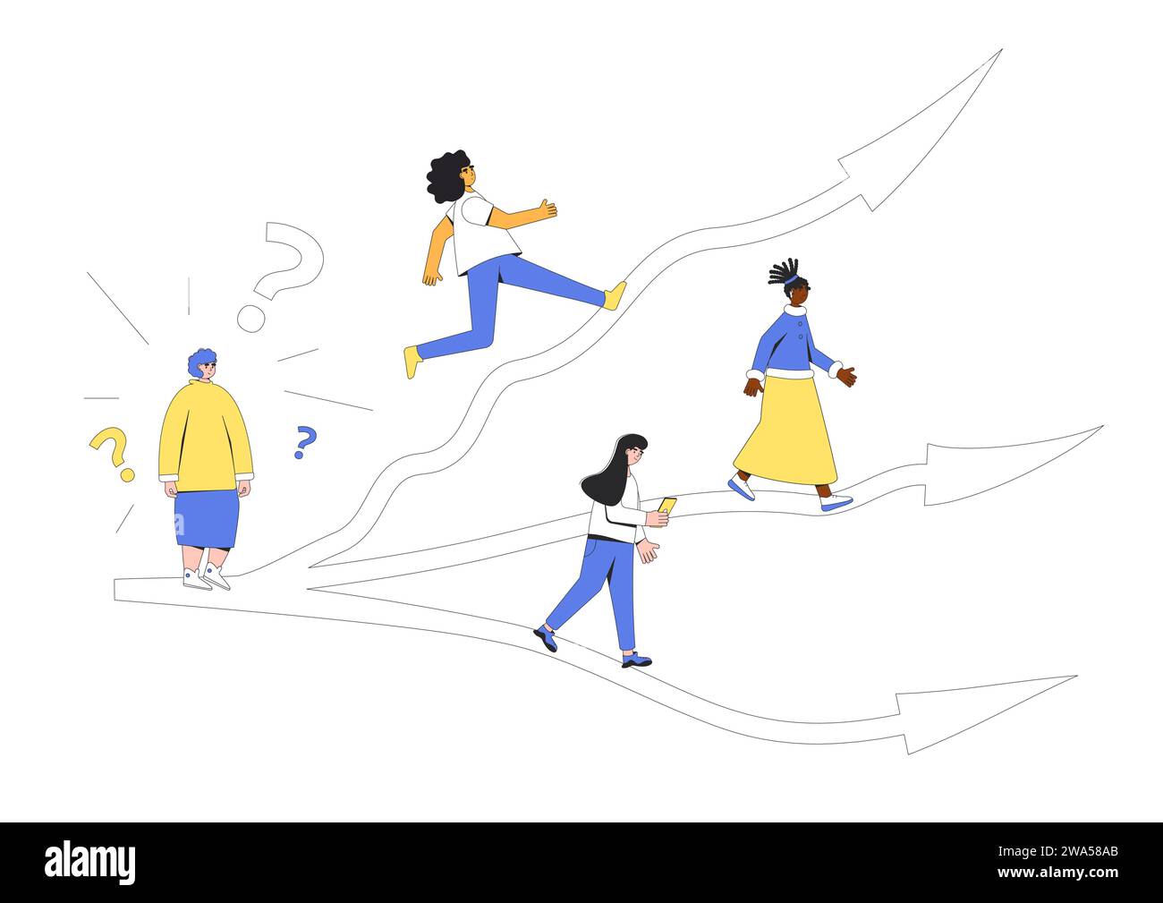 Young woman standing at crossroads. Confused person thinking about the ...