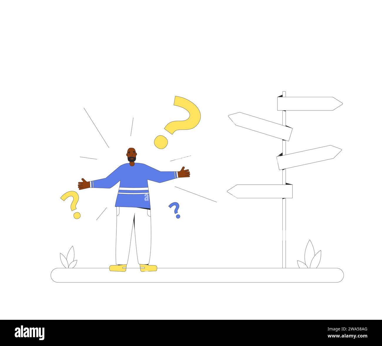 Man standing at signpost. Make a balanced decision. Confused male ...