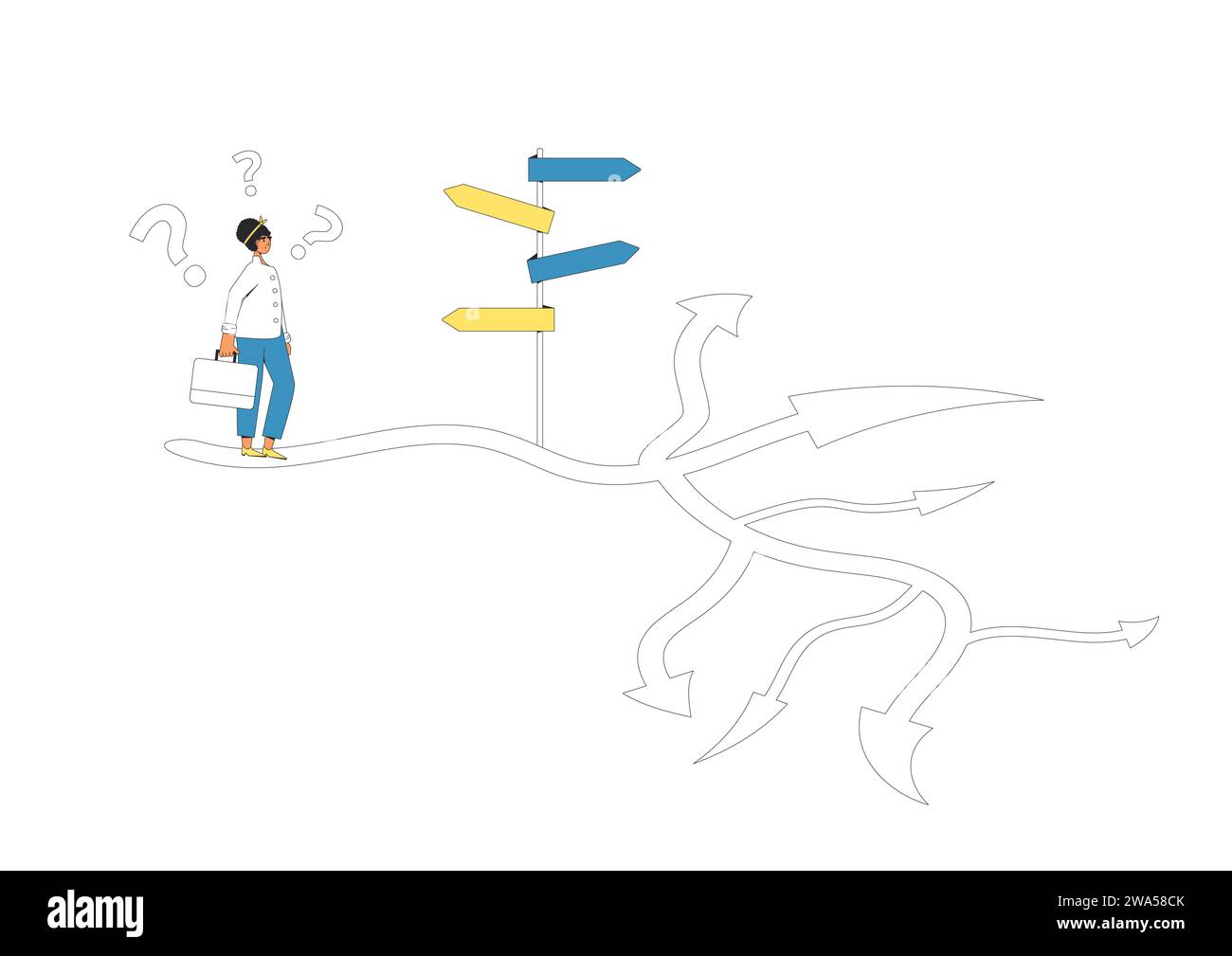 Woman standing at crossroads. Confused person thinking about the right ...