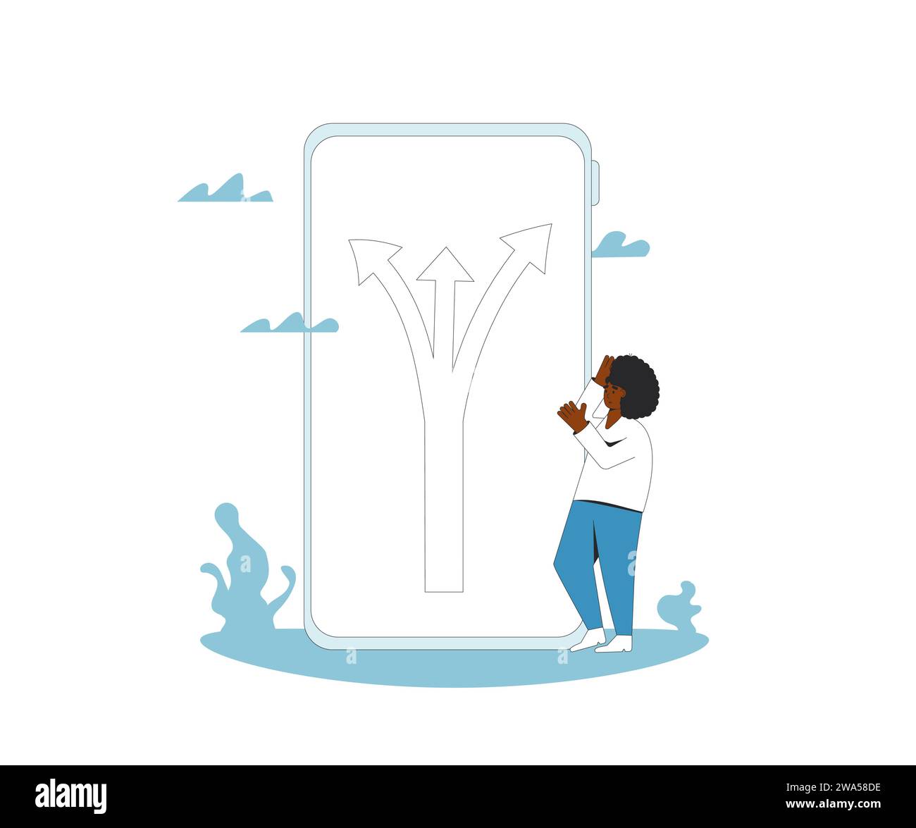 Young woman standing at crossroads on phone screen. Confused person ...