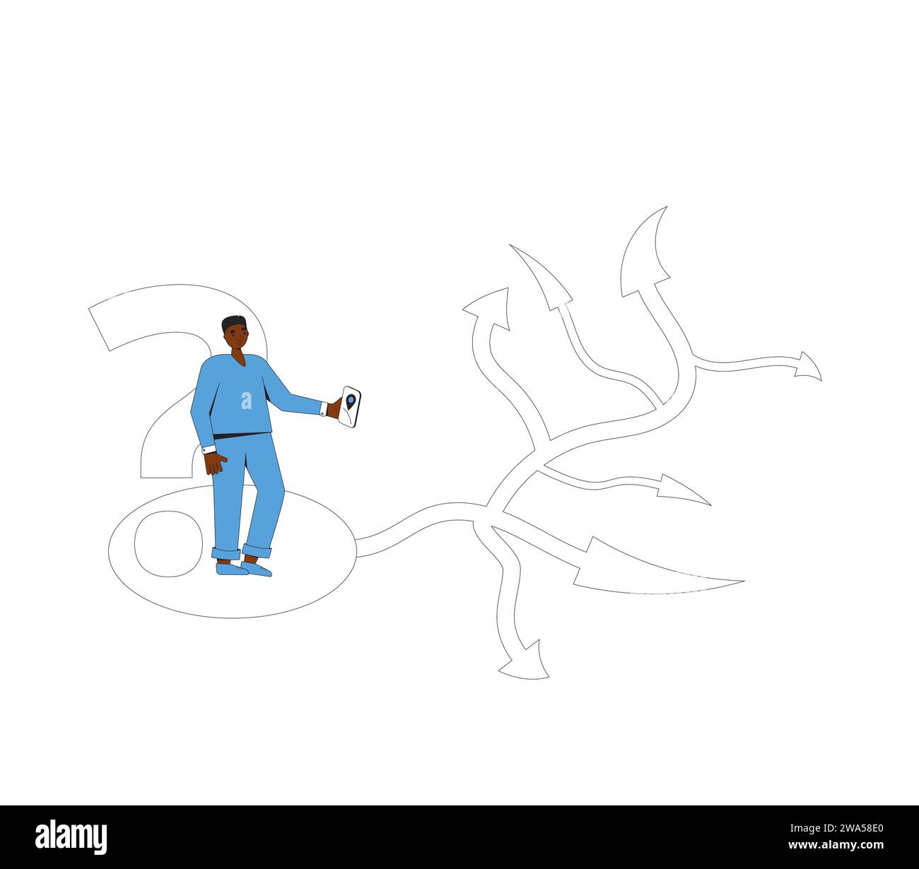 Young man standing at crossroads. Make a decision. Confused person ...