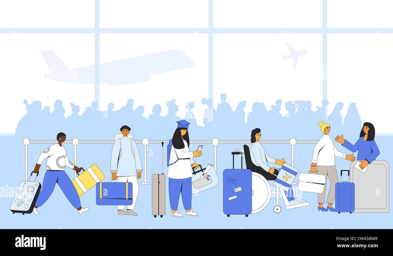 Group of people with bags and suitcases waiting to board a flight at an ...