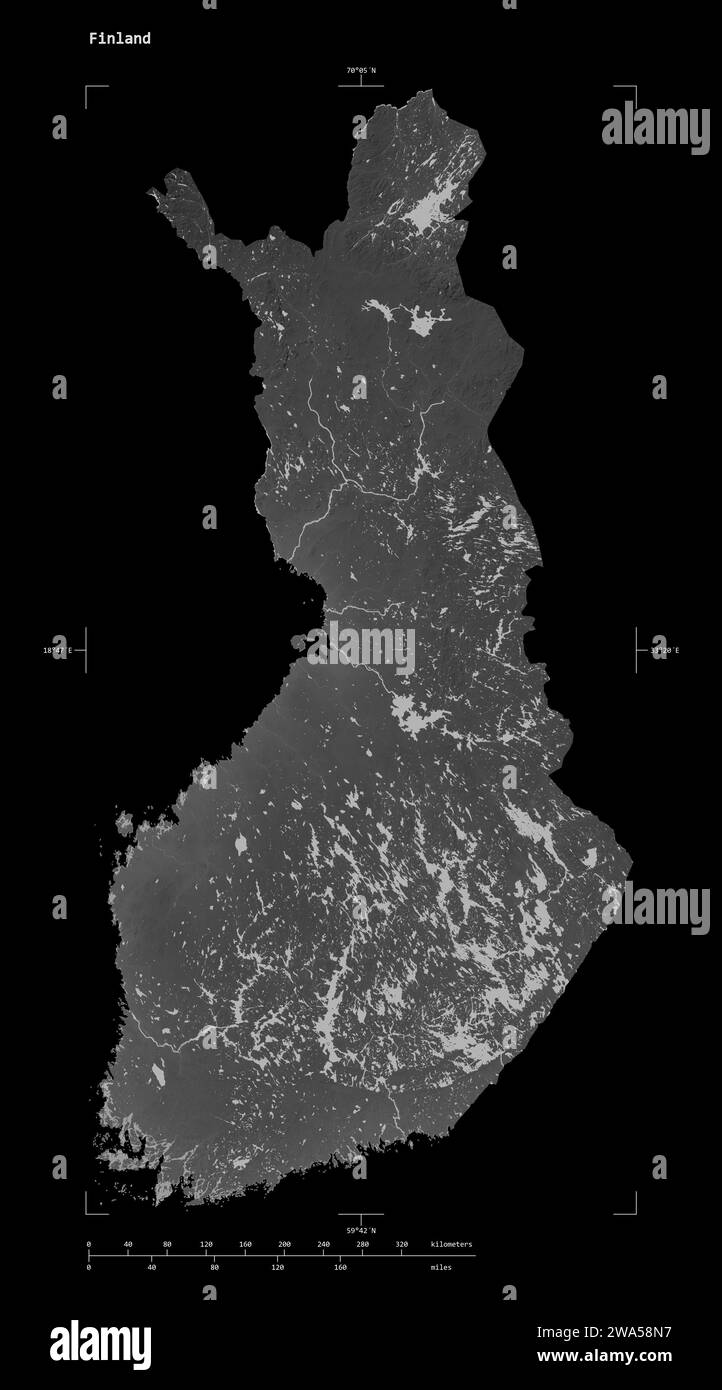 Shape of a Grayscale elevation map with lakes and rivers of the Finland, with distance scale and ...