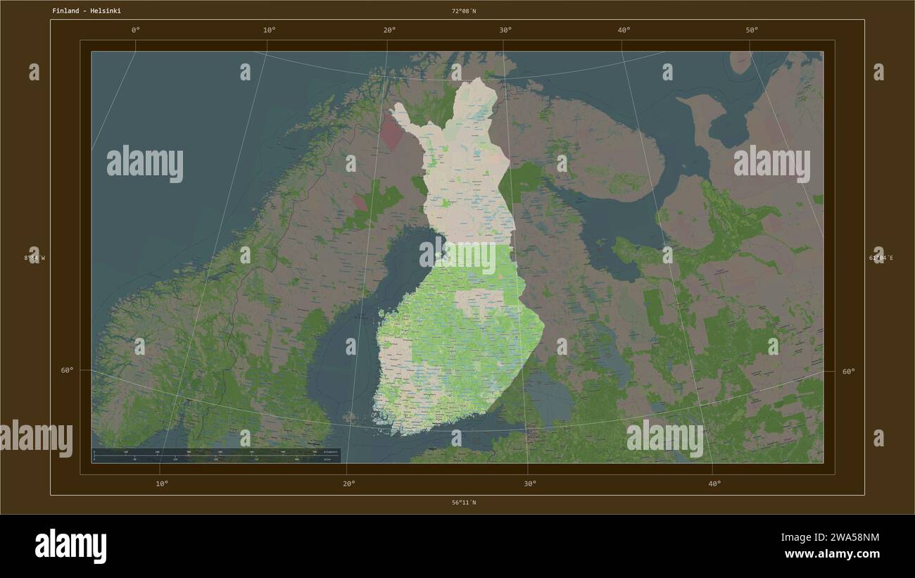 Finland highlighted on a topographic, OSM France style map map with the ...