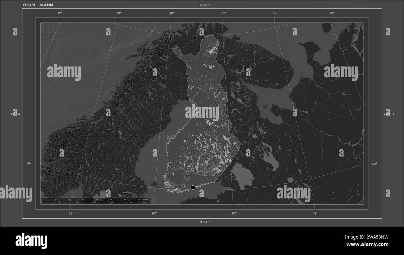 Finland highlighted on a Bilevel elevation map with lakes and rivers ...